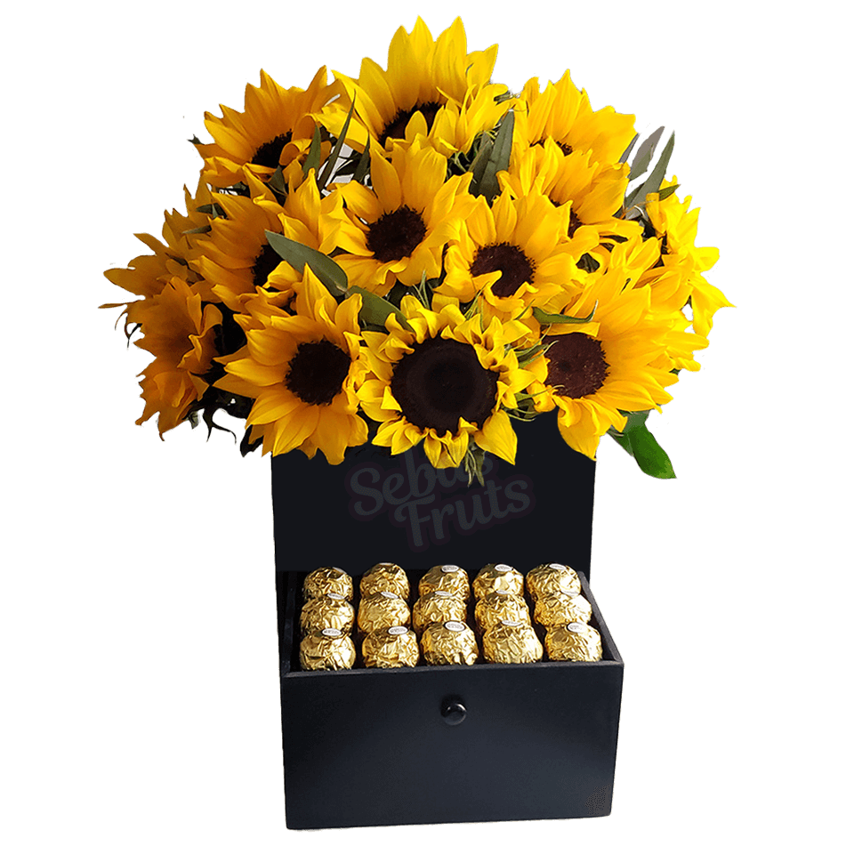 Caja Negra de Girasoles con Ferrero Roche Chocolates • SebasFruts